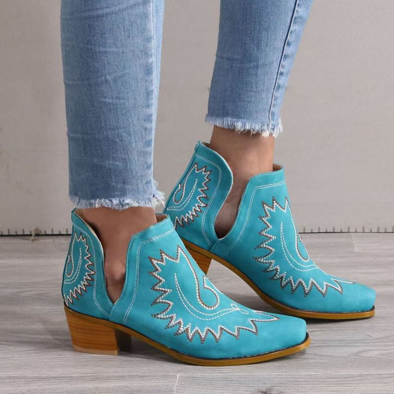 New Pointed Embroidered Chunky Heel Women's Pointed-toe Short Tube ...